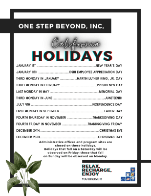 Holidays - One Step Beyond, Inc.