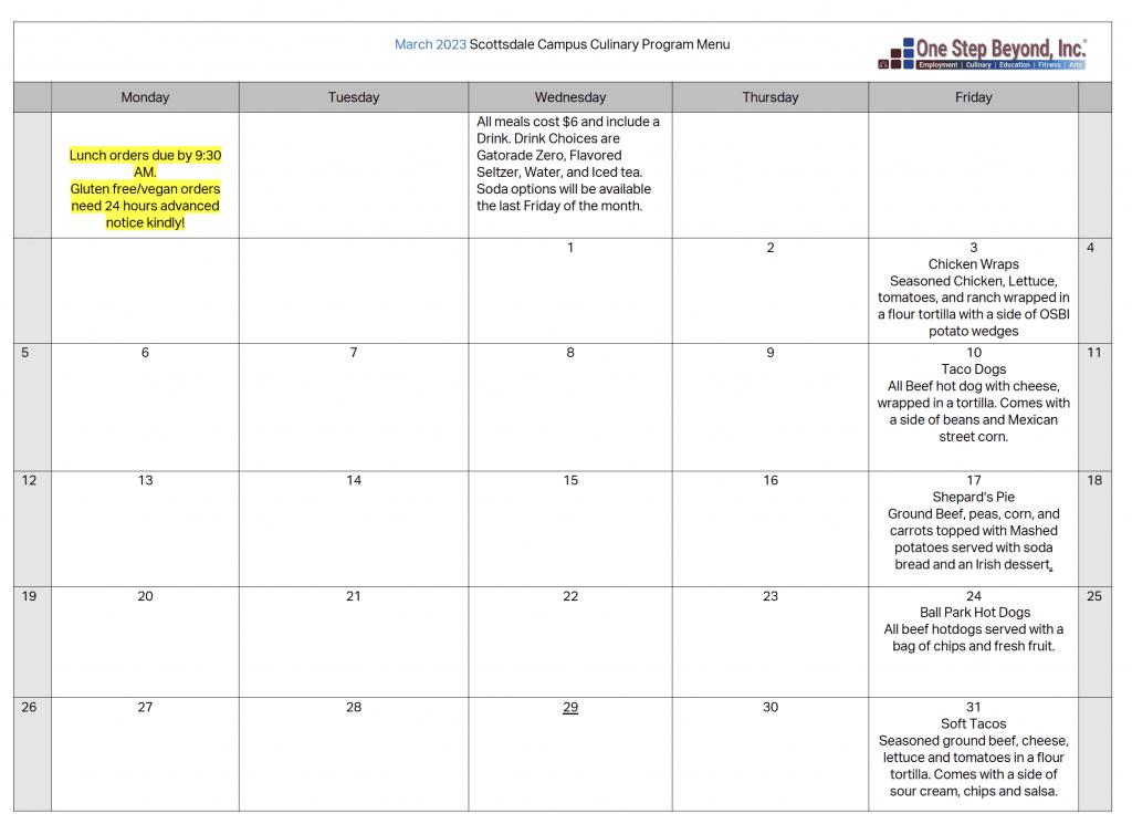 Weekly Culinary Menus - One Step Beyond, Inc.
